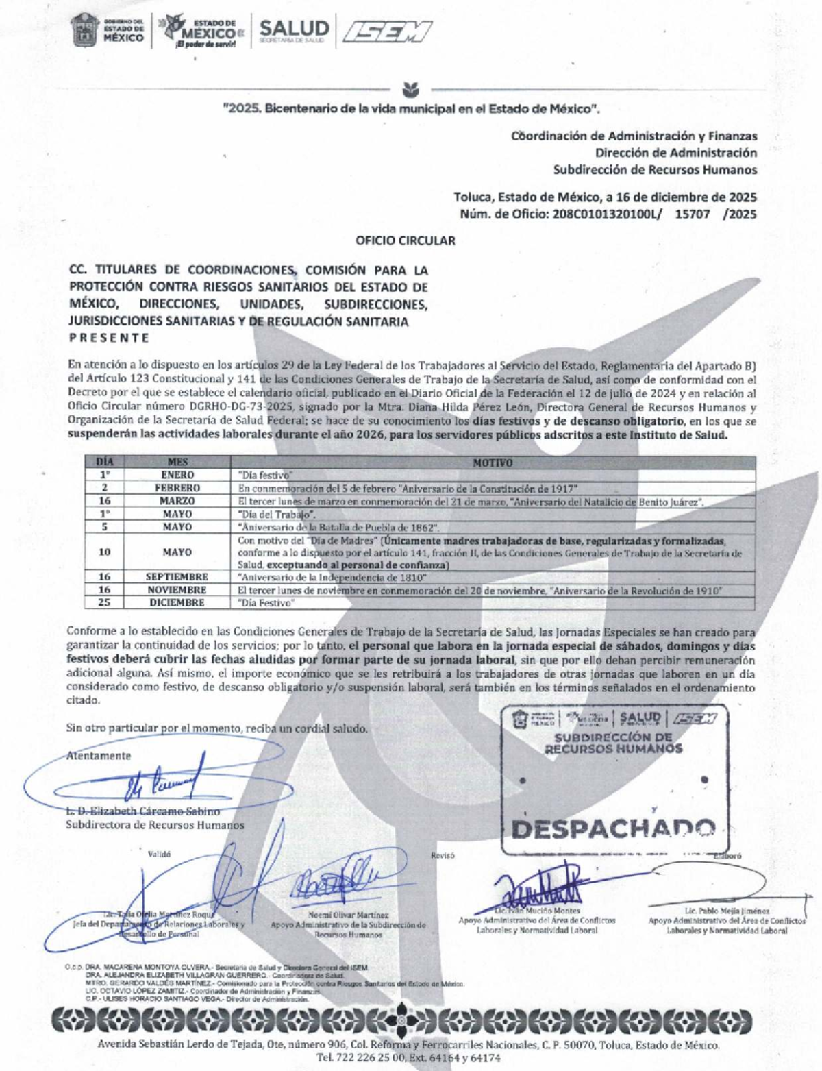 OFICIO CIRCULAR: DÍAS FESTIVOS Y DESCANSO OBLIGATORIO 2026 ISEM - Studocu
