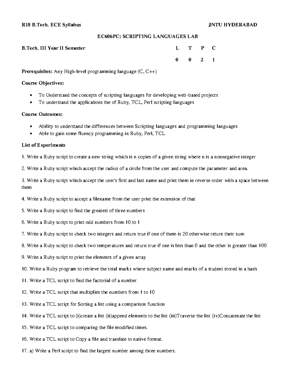 Sl Lab Manual Ec606pc Scripting Languages Experiments And Descriptions