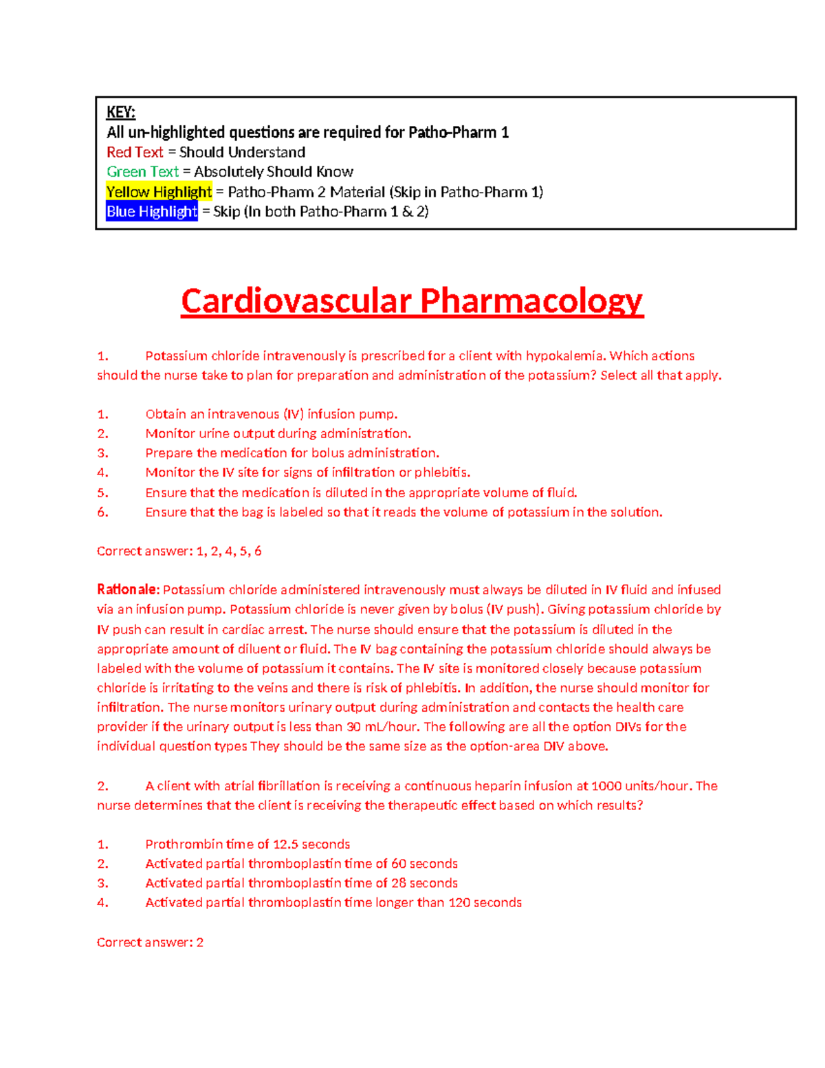 Cardiovascular Medications Review: Patho-Pharm 1 Quiz Notes (Updated ...