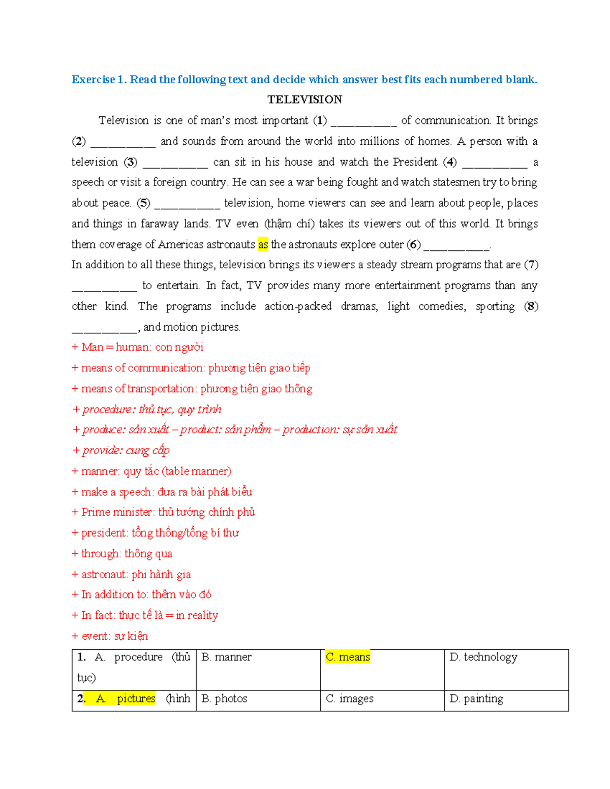Reading UNIT 7 - Television and Communication Exercises - Studocu