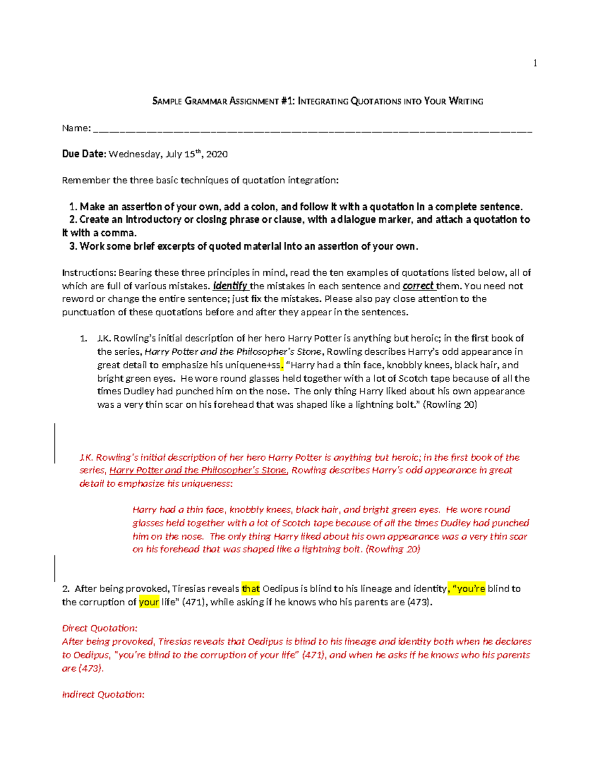 Grammar Assignment: Integrating Quotations Exercise 100 Ex 1 W2024 ...