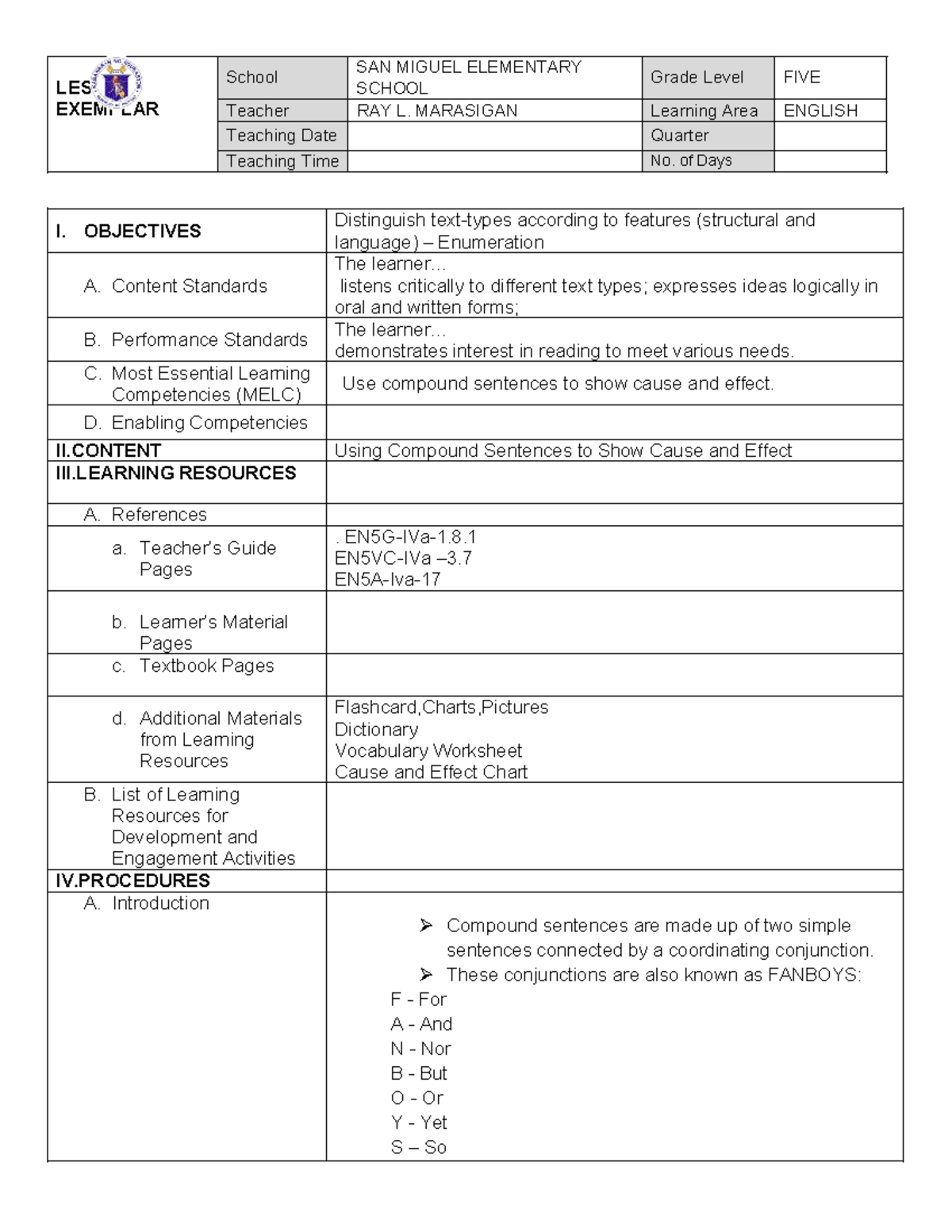 COT 2021 English Lesson on Compound Sentences: Cause and Effect - Studocu
