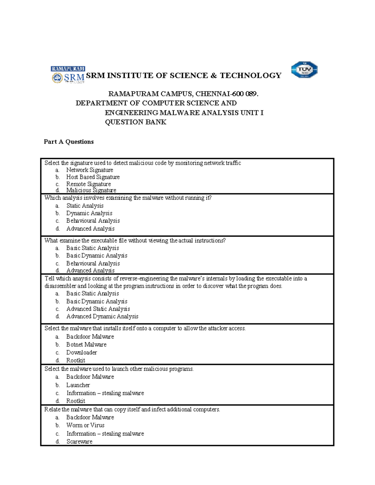 MA CSE310 Malware Analysis Unit I Question Bank - Studocu