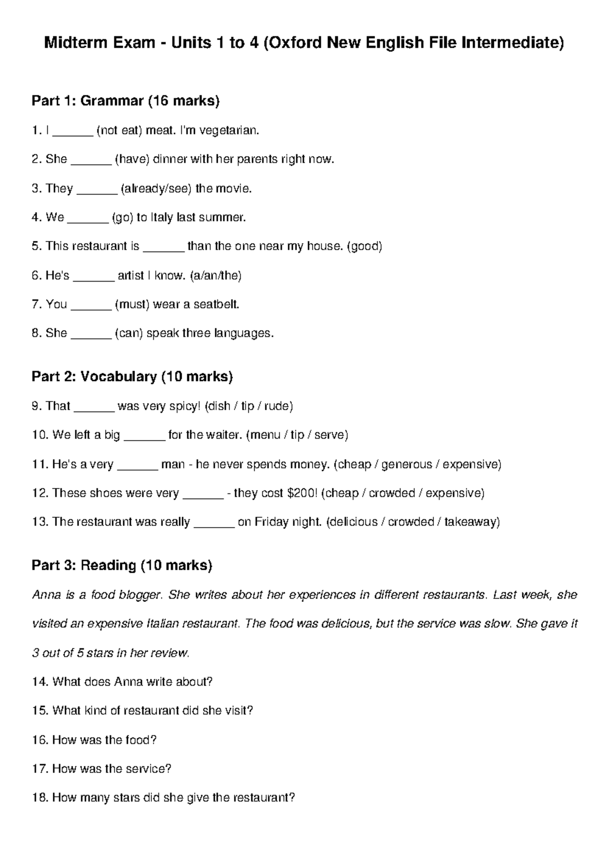 Midterm Exam Units 1-4 (Oxford New English File) - Grammar & Vocabulary ...