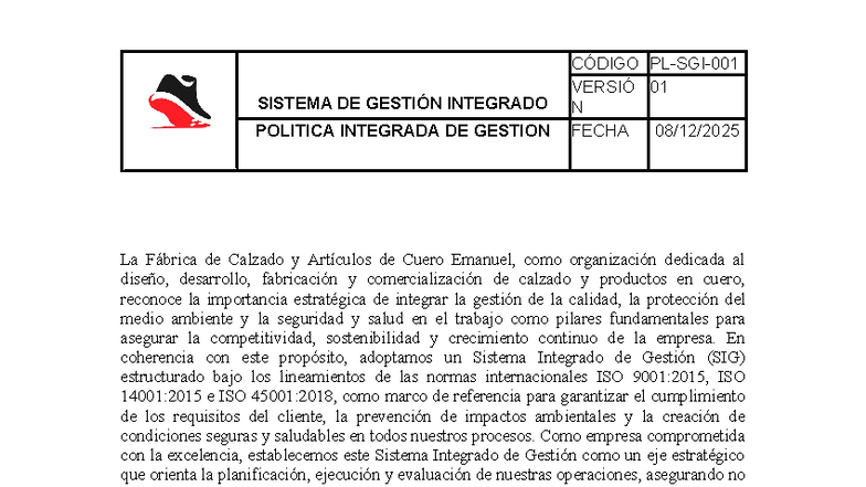 Política de Gestión Integrada - Fábrica de Calzado y Artículos de Cuero ...