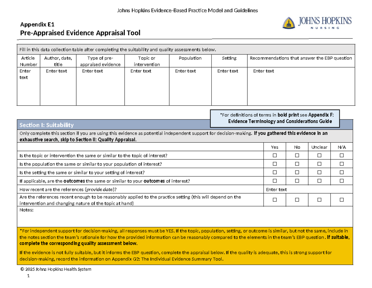 Johns Hopkins Practice Model Guidelines: Appendix E1 Evidence Appraisal ...