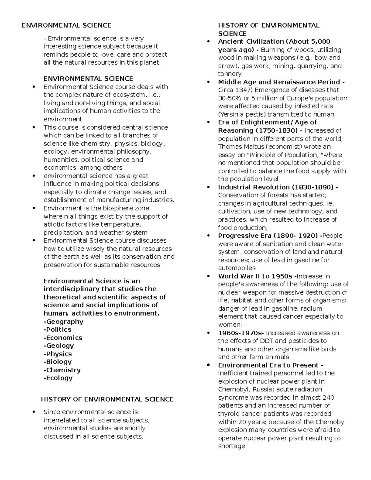 Envi-sci-CH1 - Introduction to Environmental Science and History - Studocu