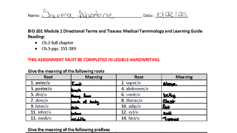 BIO 201 Module 1 Learning Guide: Directional Terms & Tissues - Studocu
