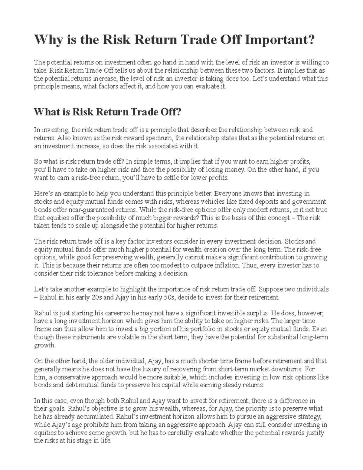 Risk Return Trade Off - Lecture Notes on Investment Principles - Studocu