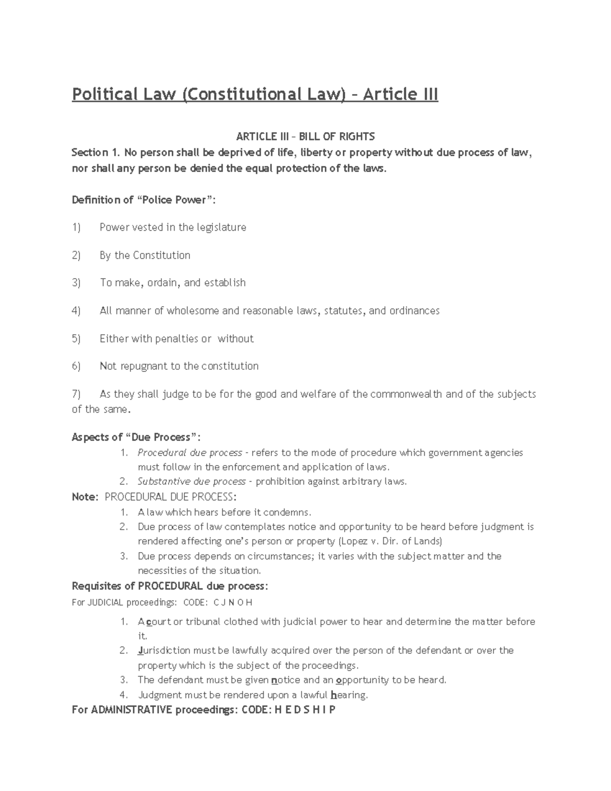 Political Law (Constitutional Law) Article III - Bill of Rights ...