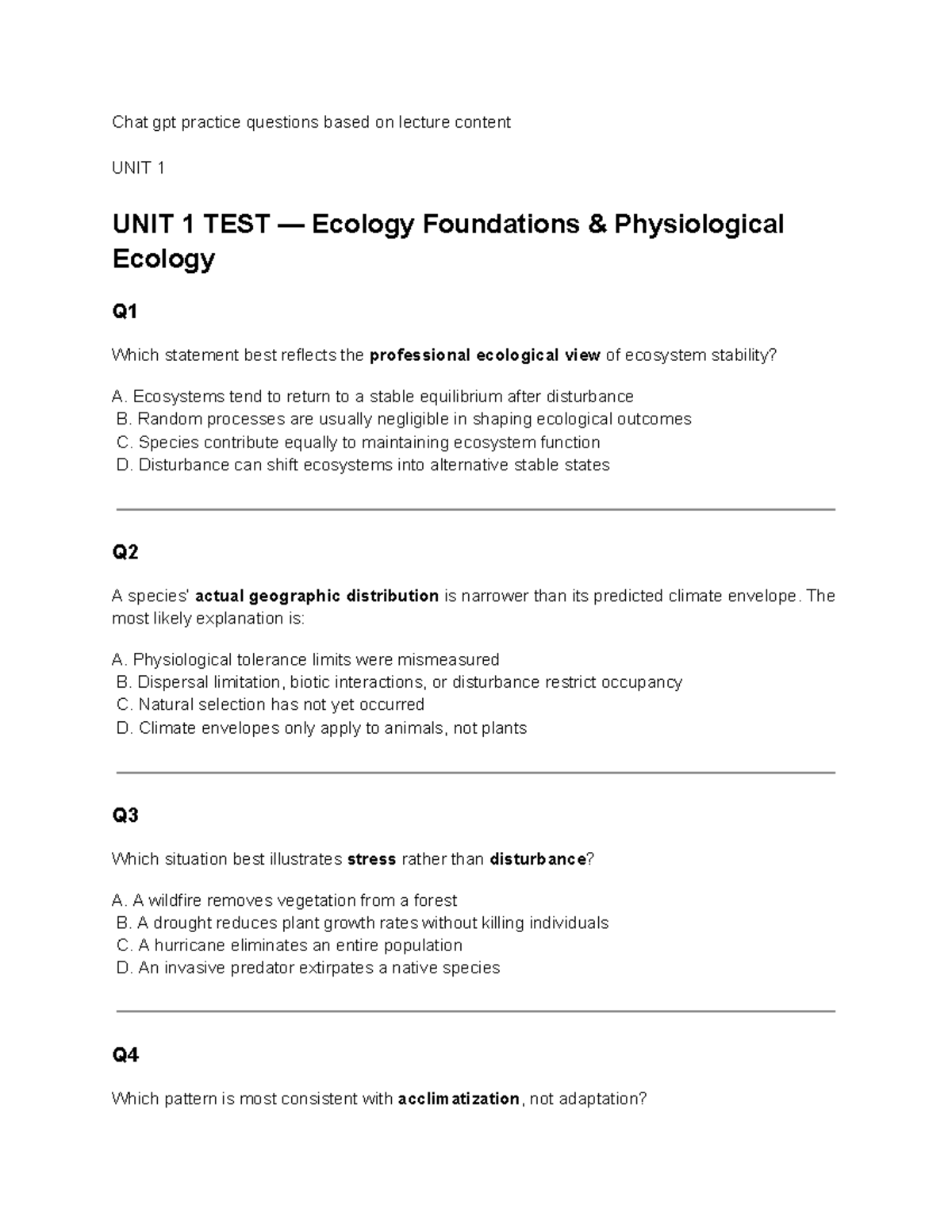 UNIT 1 Test: Ecology Foundations Practice Questions - Studocu
