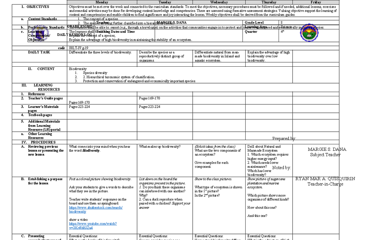 Q4 - Science - GRADE EIGHT DAILY LESSON LOG Teacher MARGIE S. DANA ...