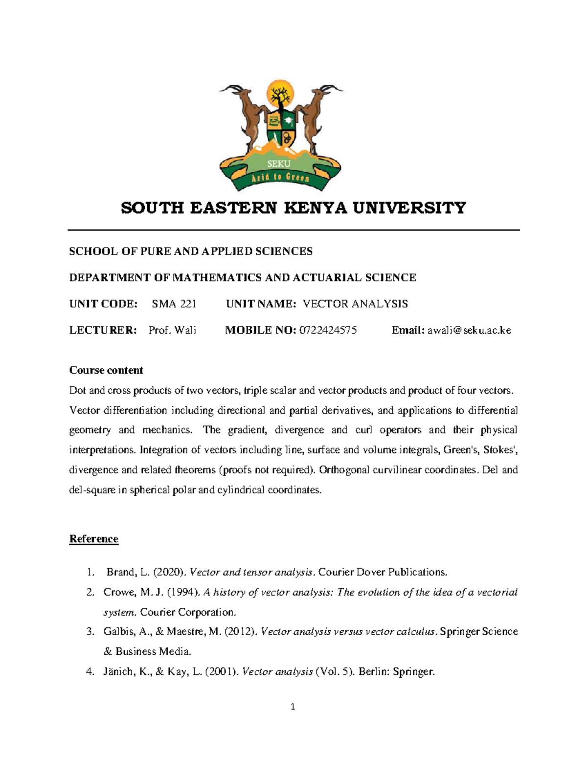 SMA 221 Vector Analysis Lecture Notes - South Eastern Kenya University ...