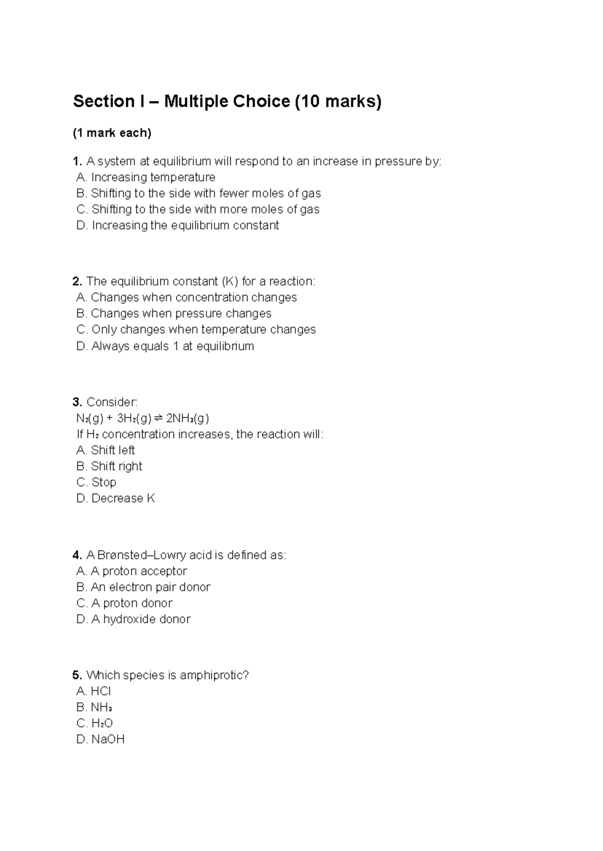 NSW HSC Chemistry Practice Test Mod 5: Equilibrium & Reactions - Studocu