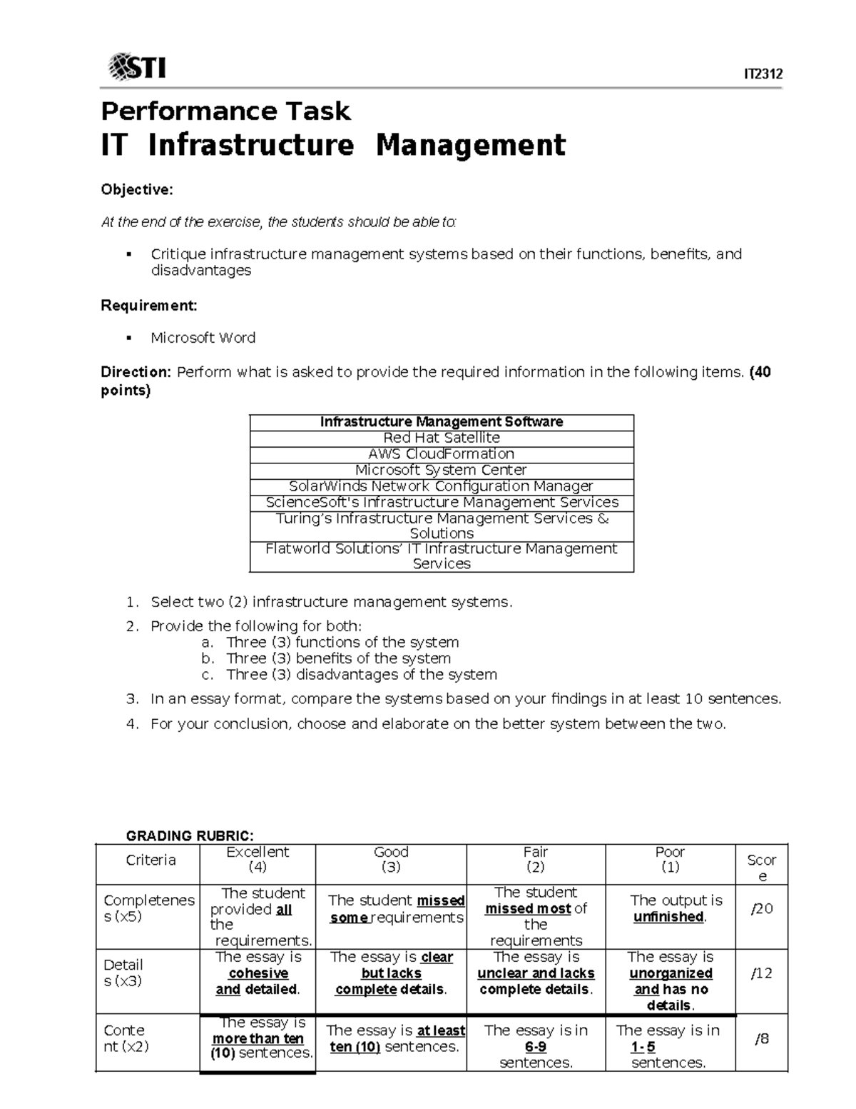 IT-08 Performance Task: Analyzing Infrastructure Management Systems ...