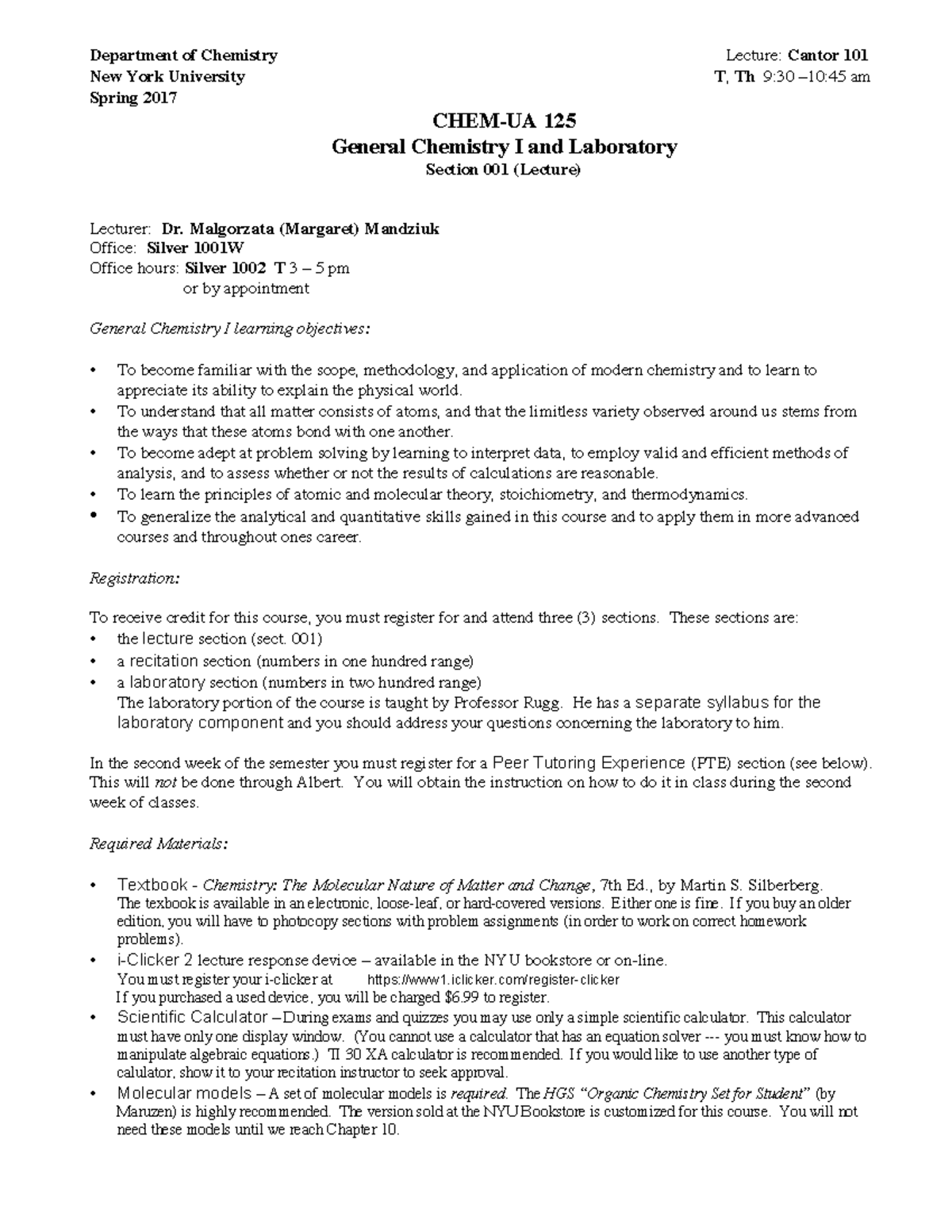 CHEM-UA 125 General Chemistry I Lecture Syllabus Spring 2017 - Studocu