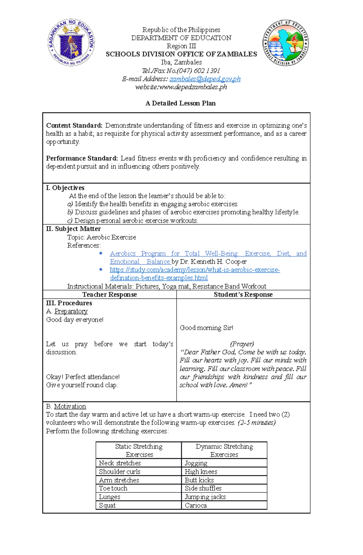 Aerobic LP - lesson plan - Republic of the Philippines DEPARTMENT OF ...