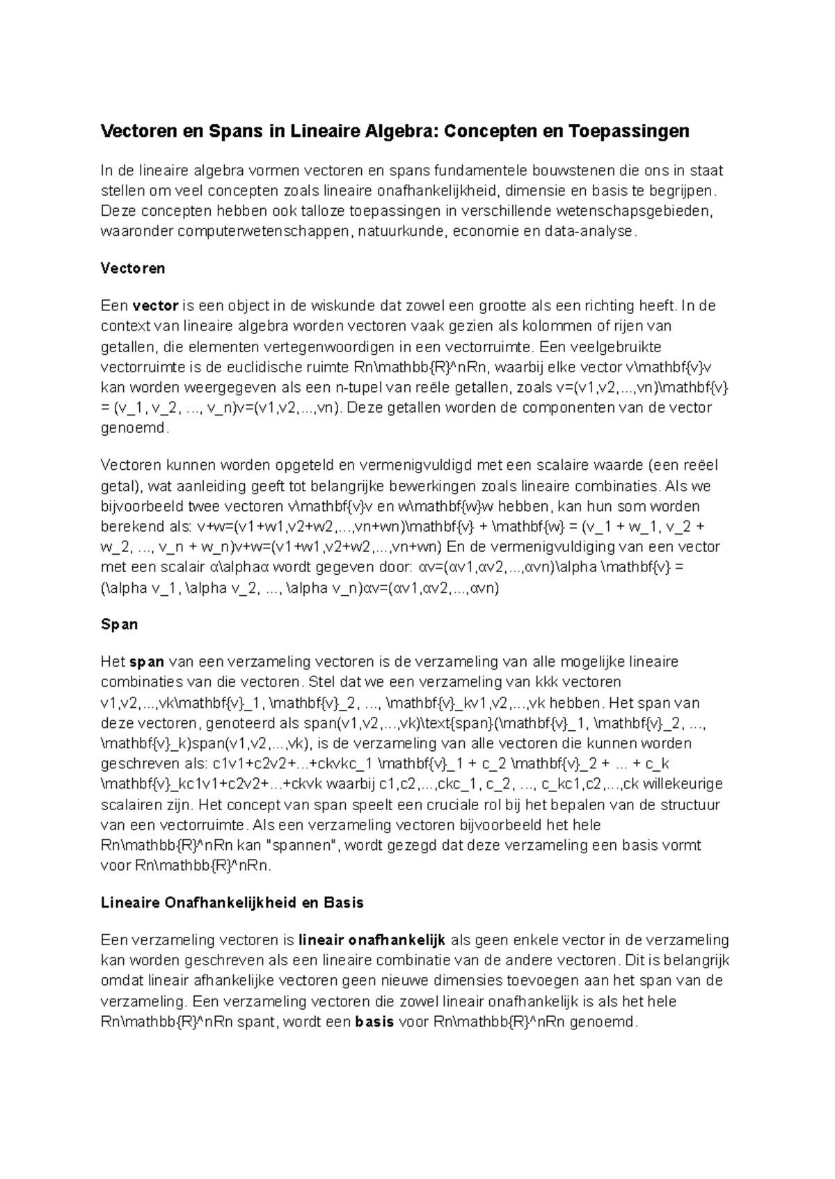 Lineaire Algebra: Vectoren en Spans - Concepten en Toepassingen ...