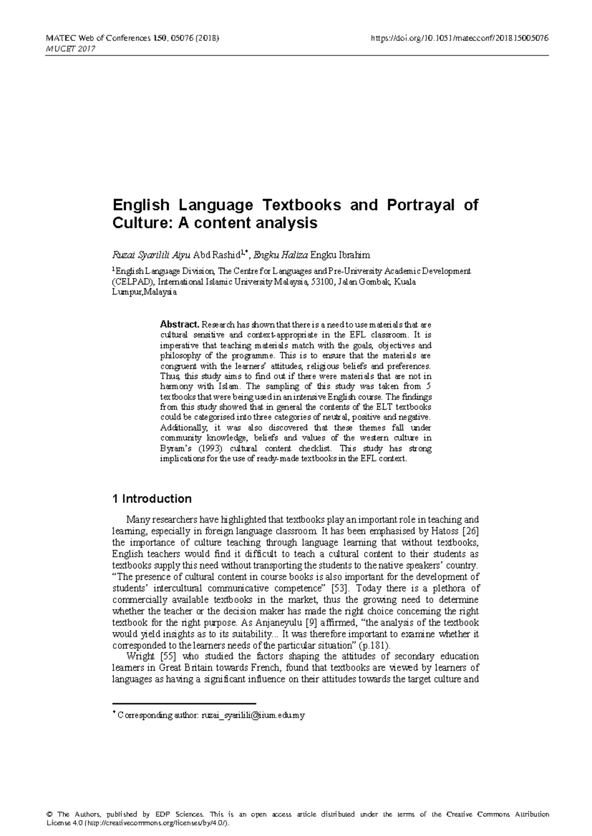 MUCET 2017: Analysis of Cultural Representation in English Textbooks ...