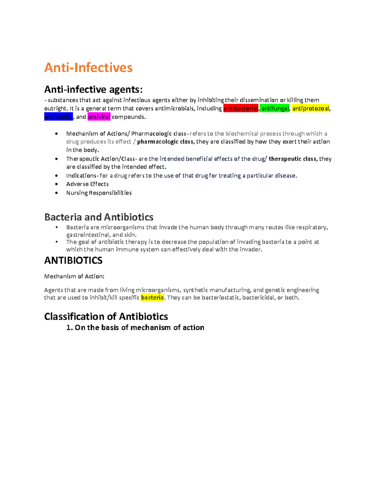 Anti-Infectives Notes: Mechanisms, Classifications, and Nursing ...