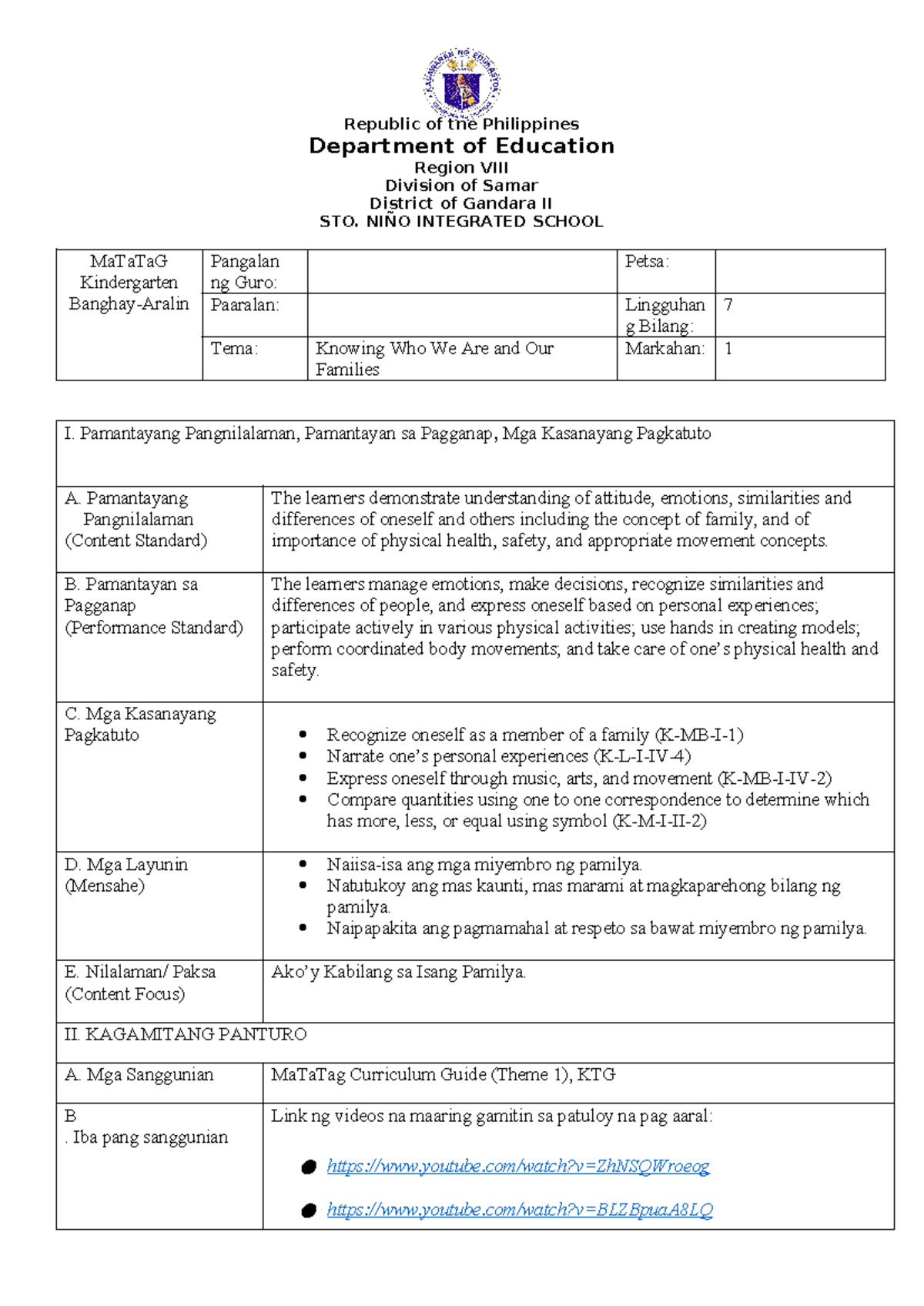 Q4 W5 - Kindergarten Lesson Plan on Family and Self-Identity - Studocu