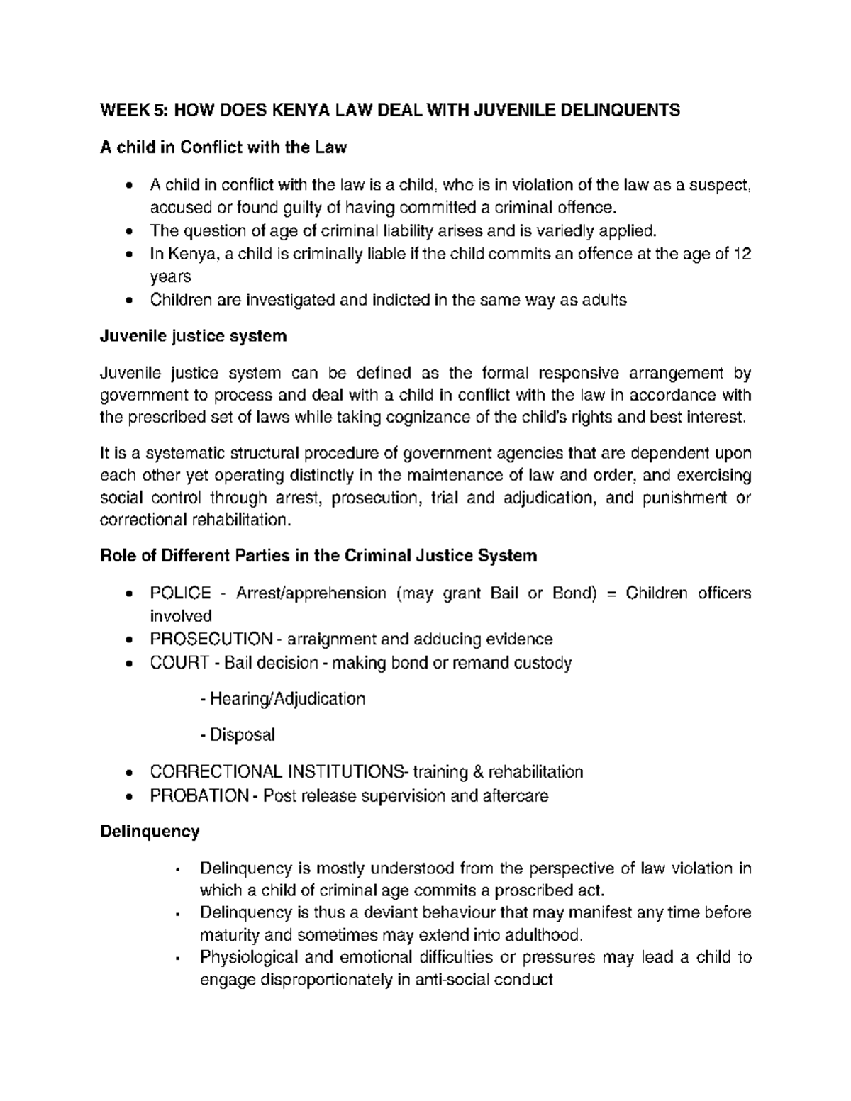 Week 5: Kenya's Legal Framework for Juvenile Delinquency - Studocu