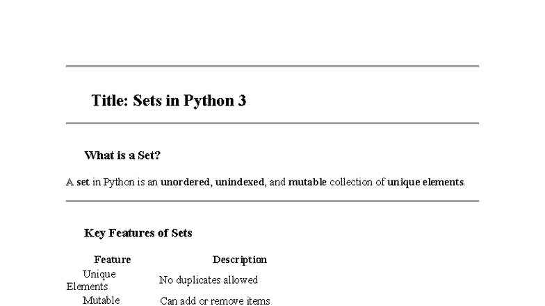 Python 3 - Sets: Understanding Unique Collections and Operations - Studocu