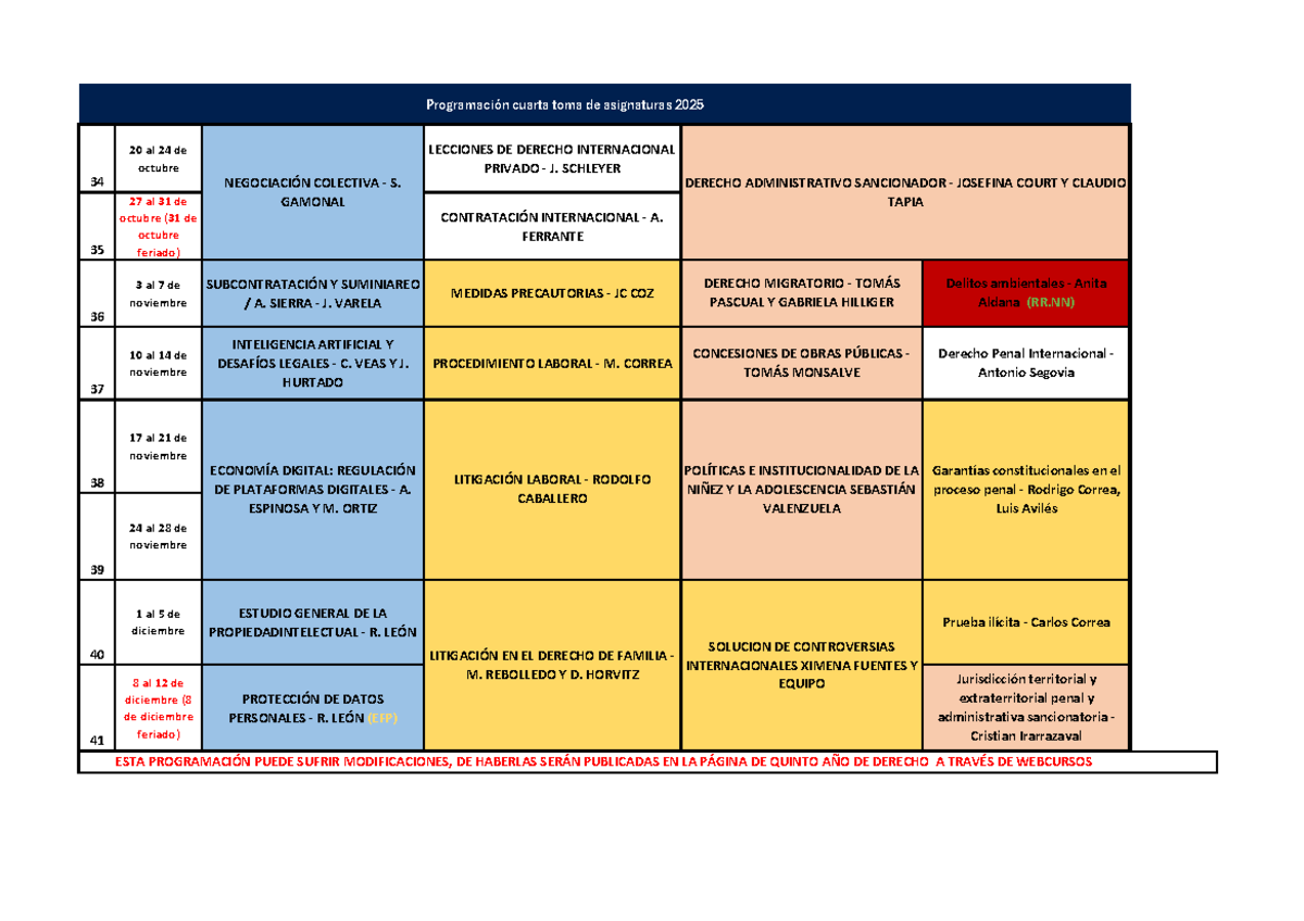 Planificación 4ta Toma Asignaturas Derecho 2025 (20-24 Oct) - Studocu
