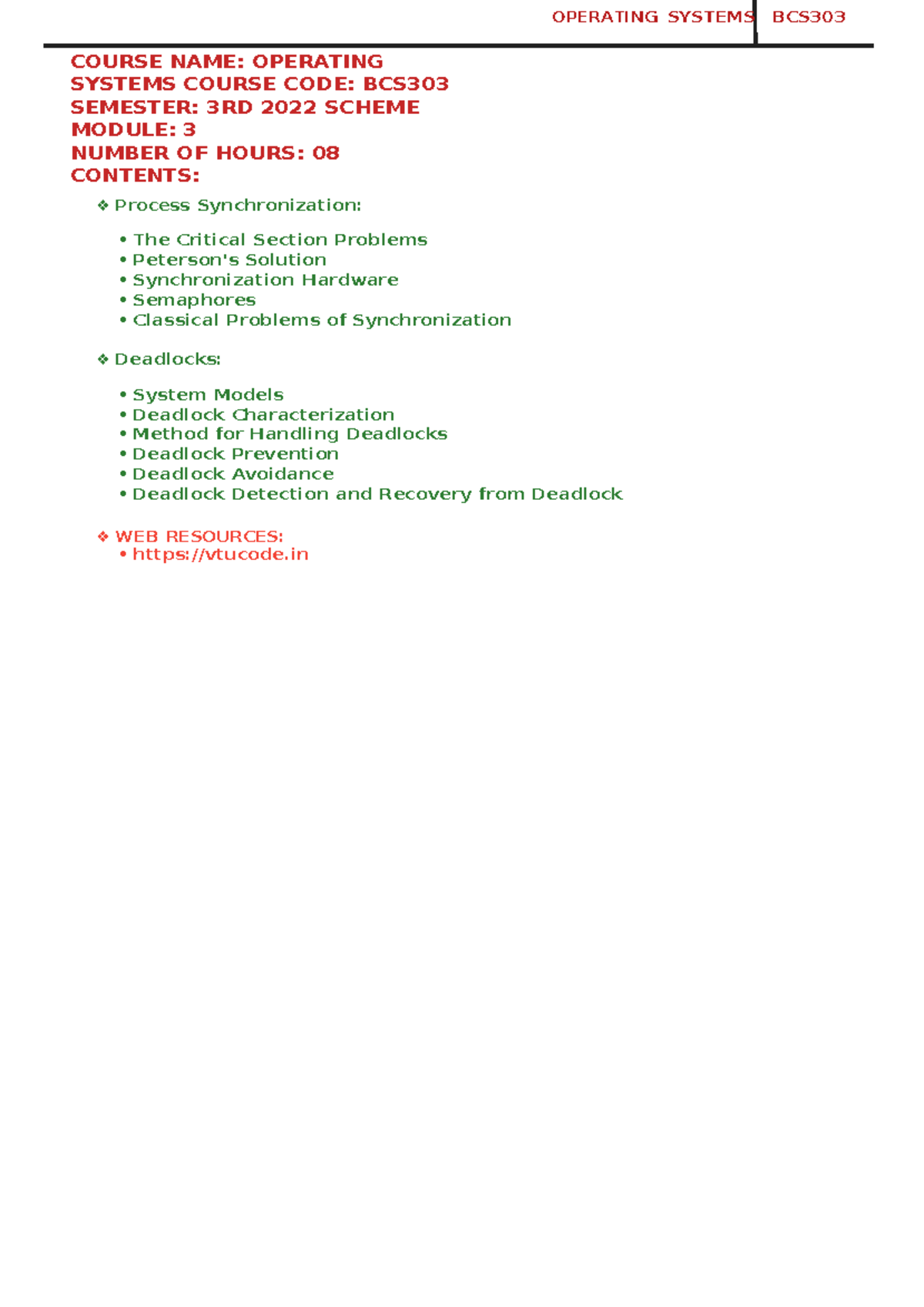 BCS303 Operating Systems Module 3: Process Synchronization & Deadlocks ...