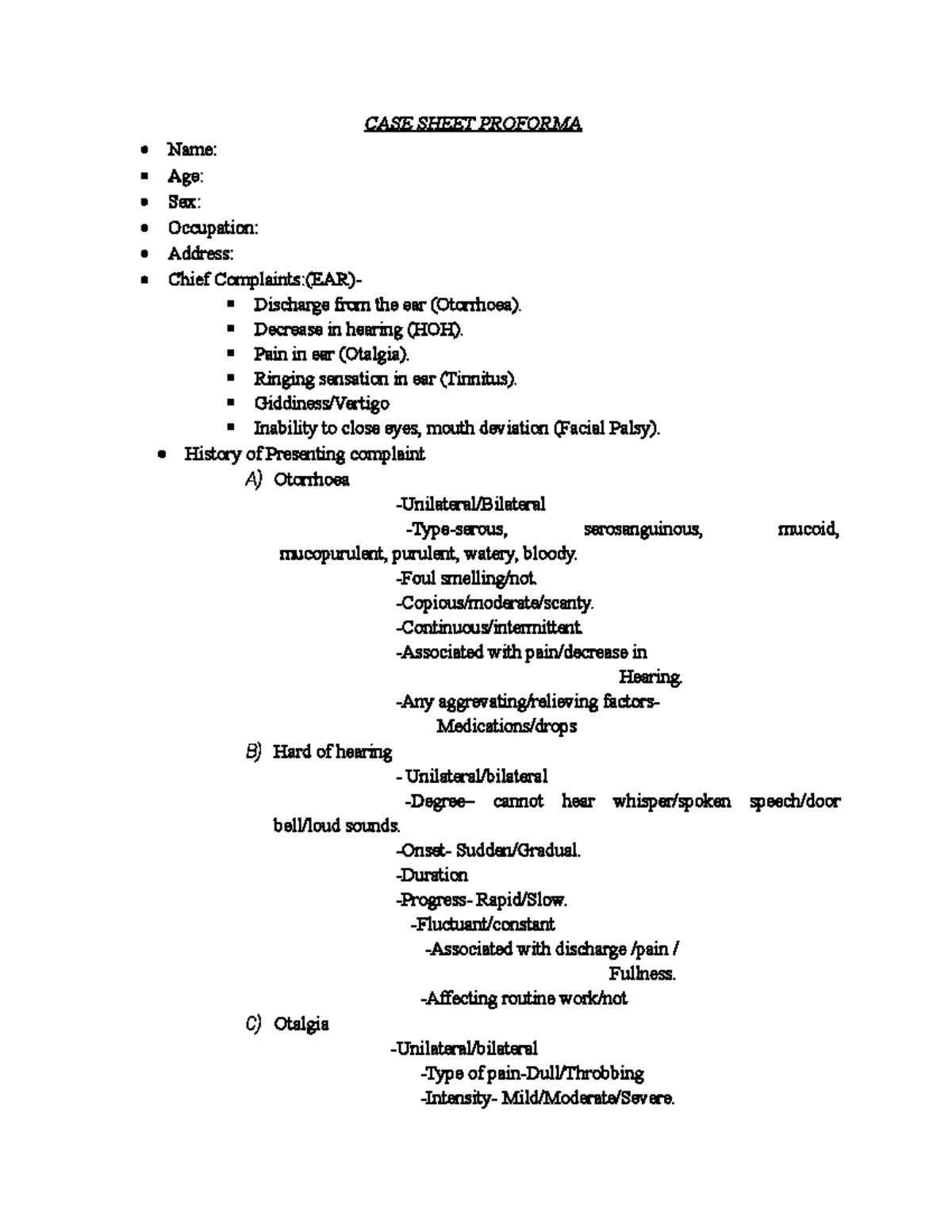 ENT CASE SHEET PROFORMA: Chronic Otitis Media & Tonsillitis Evaluation - Studocu