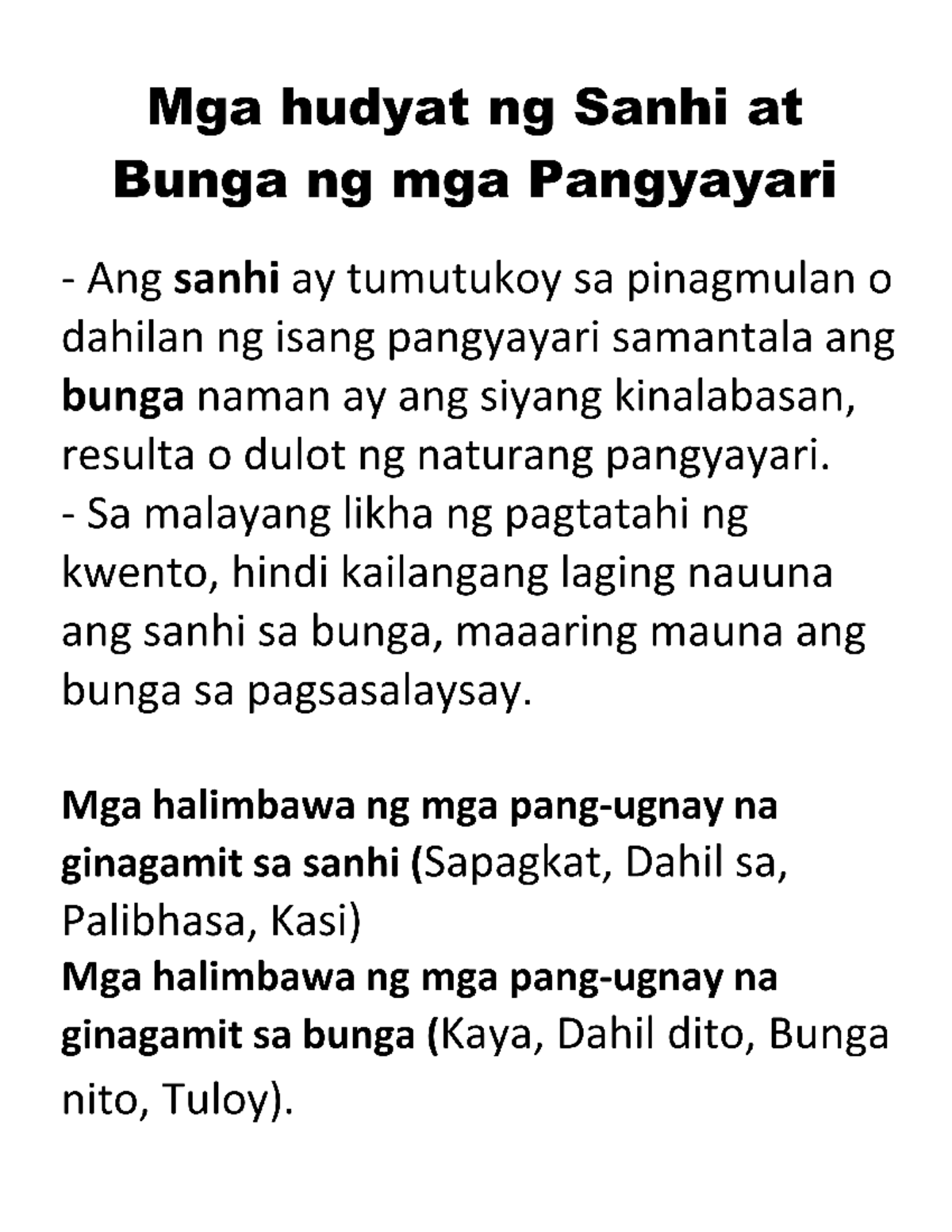 Mga Hudyat ng Sanhi at Bunga ng mga Pangyayari - Lesson Notes - Studocu