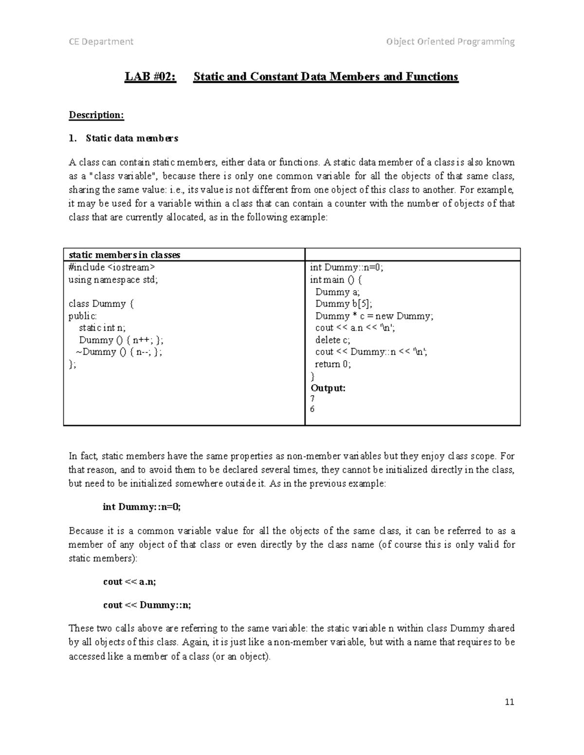 CE Department LAB: Static & Constant Data Members in OOP - Studocu