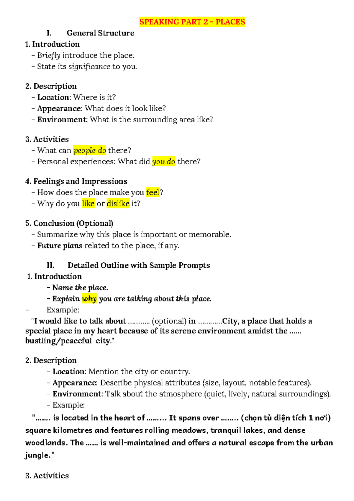 SPEAKING PART 2: PLACES - STRUCTURE & SAMPLE PROMPTS - Studocu