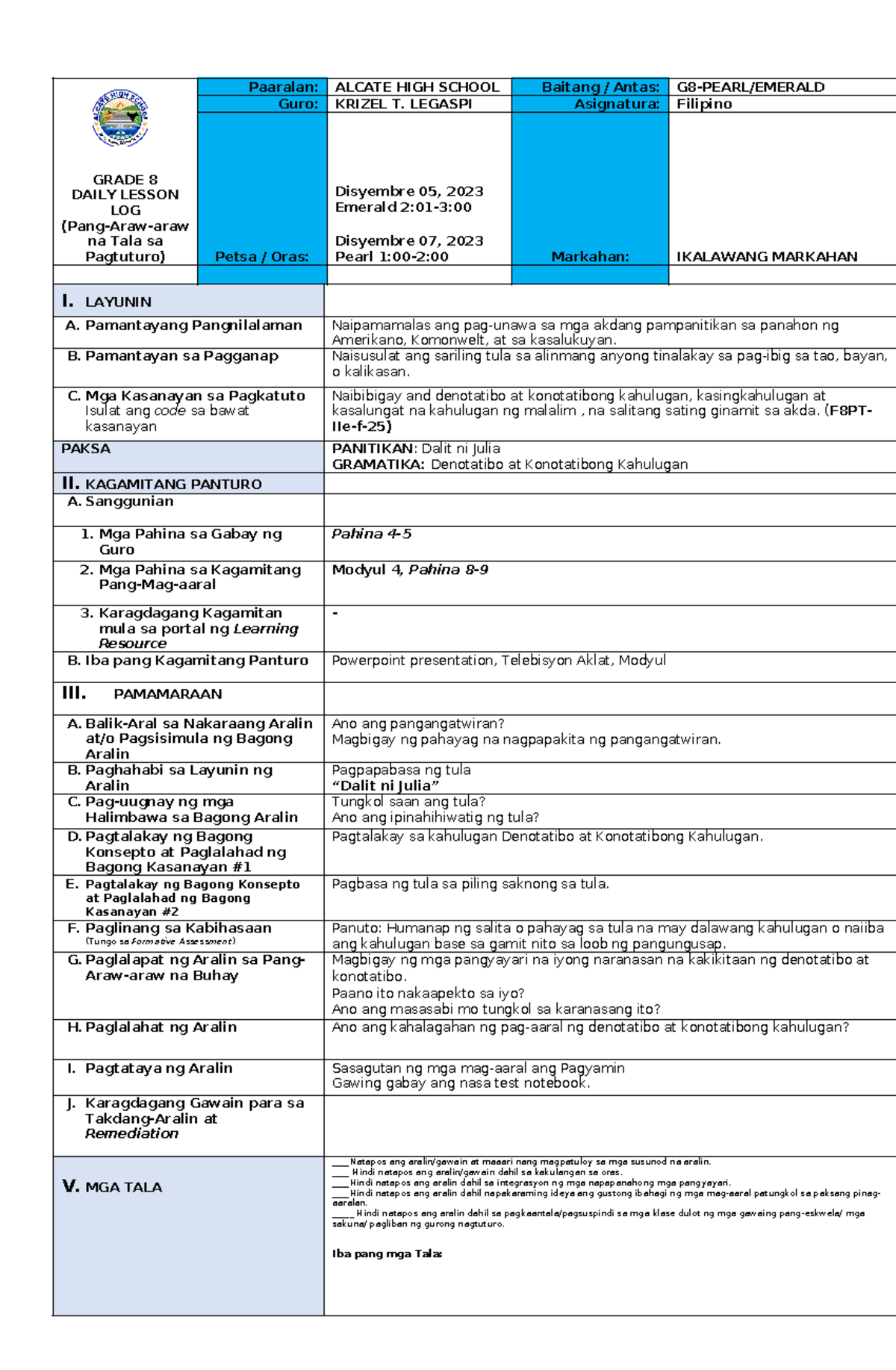 Lesson plan for filipino - GRADE 8 DAILY LESSON LOG (Pang-Araw-araw na ...