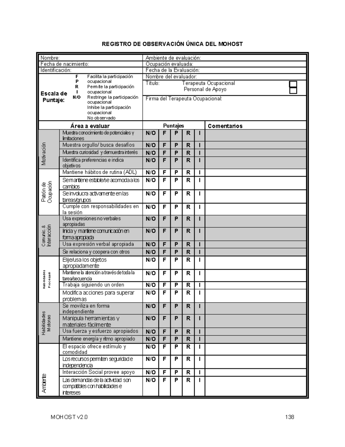Registro de Observación MOHOST v2.0 - Evaluación Ocupacional - Studocu