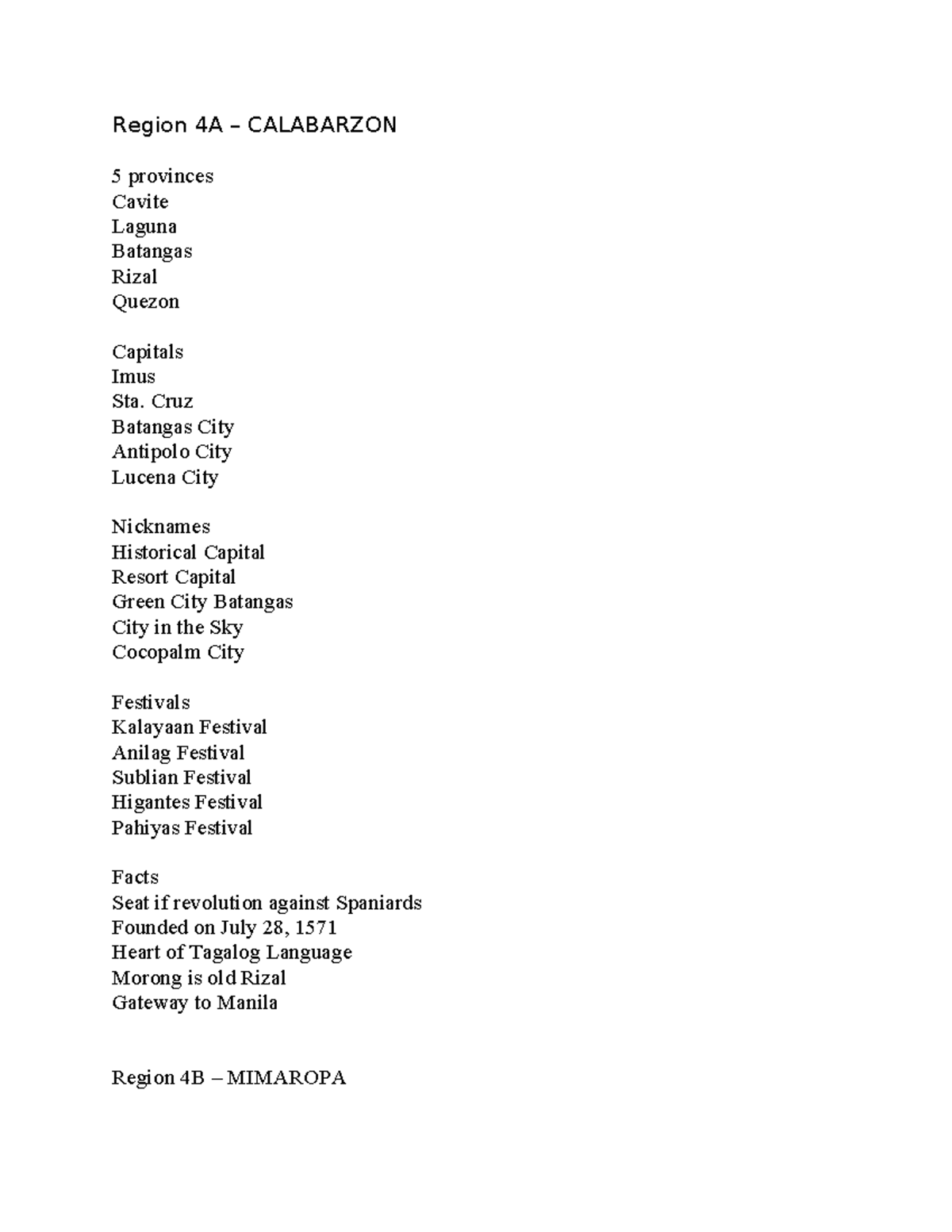 Regions 4A-B and VI-VII Overview: Provinces, Capitals, Festivals and Facts - Studocu