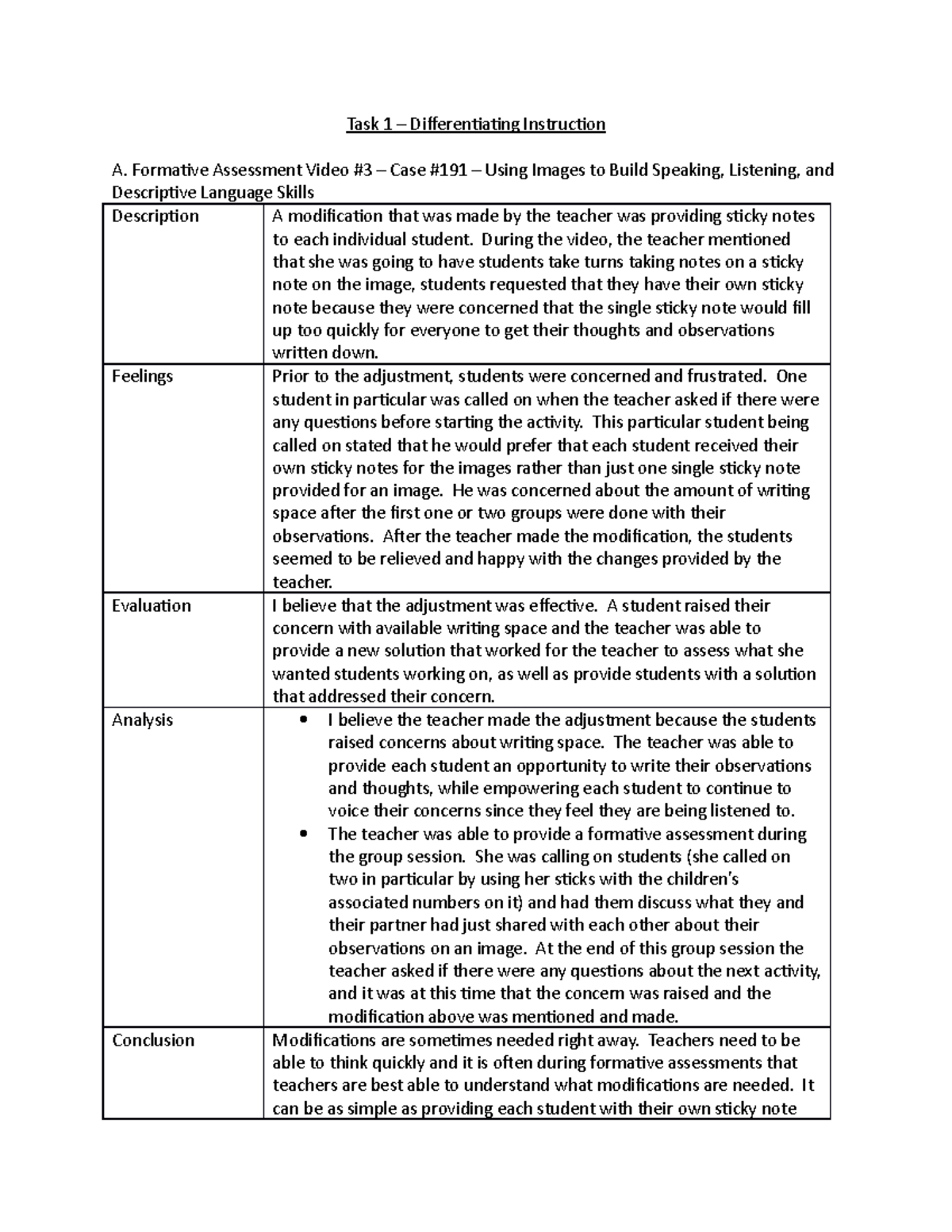 Task 1 - Differentiating Instruction - Task 1 – Differentiating Instruction A. Formative ...
