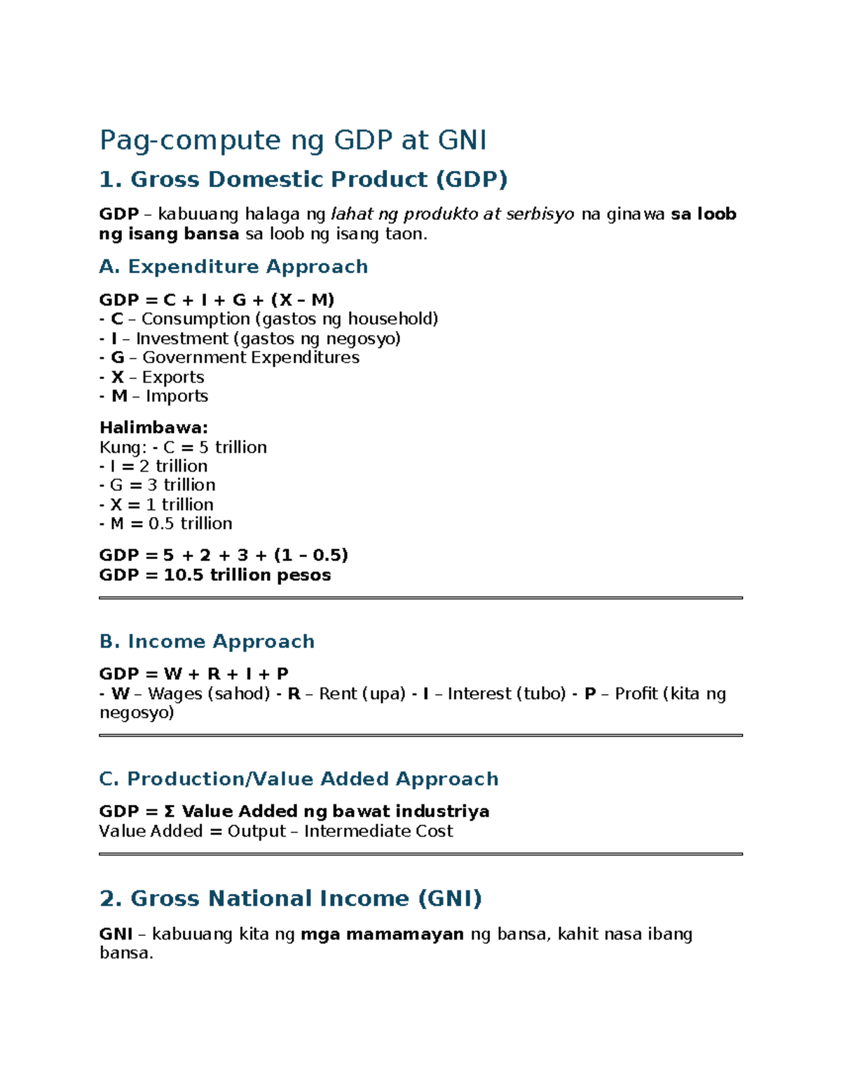 Pag-compute ng GDP at GNI: Mga Paraan at Halimbawa - Studocu