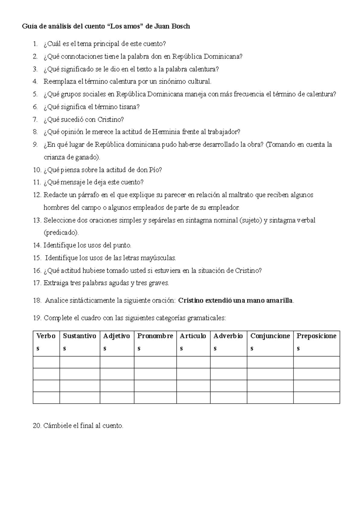 Guía de Análisis del Cuento "Los Amos" - Juan Bosch - Studocu