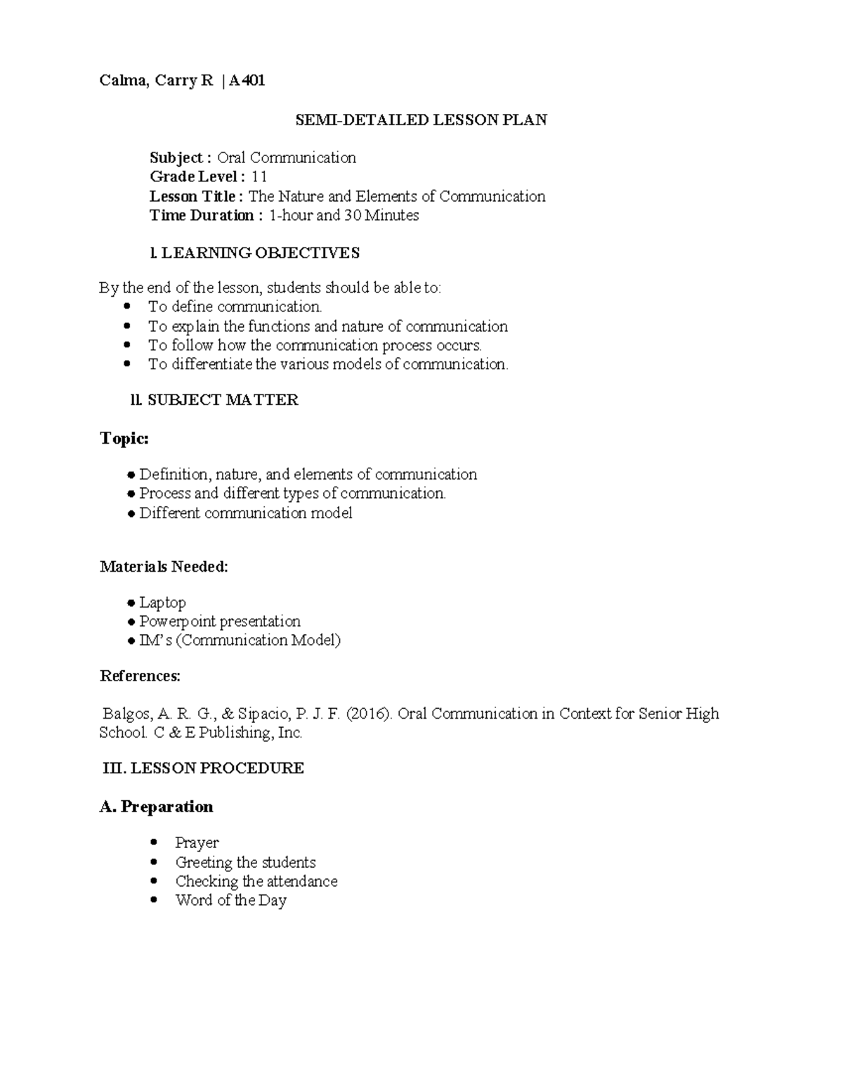 A401 Oral Communication Lesson Plan: Nature & Elements of Communication ...