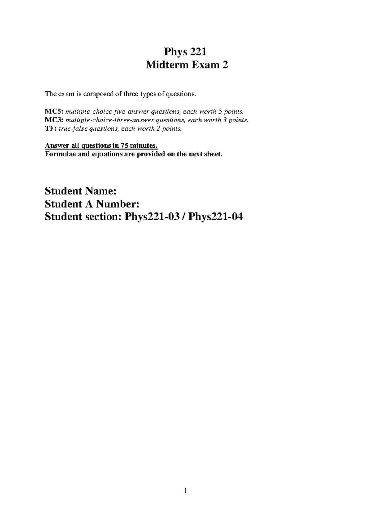 Phys 221 Midterm Exam II with answer key - Phys 221 Midterm Exam 2 The ...