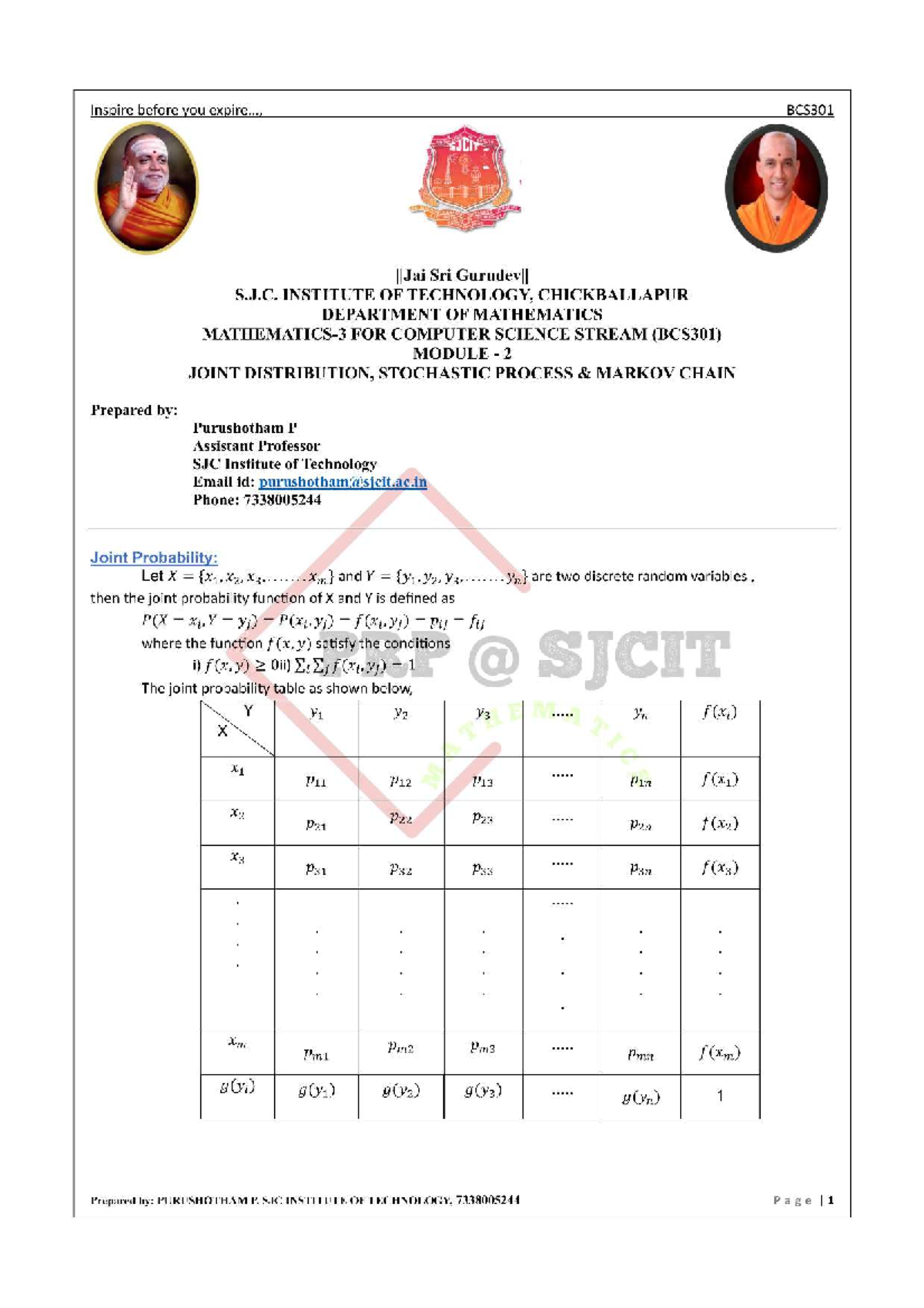 BCS301 Module 2: Joint Distribution & Stochastic Processes Notes - Studocu