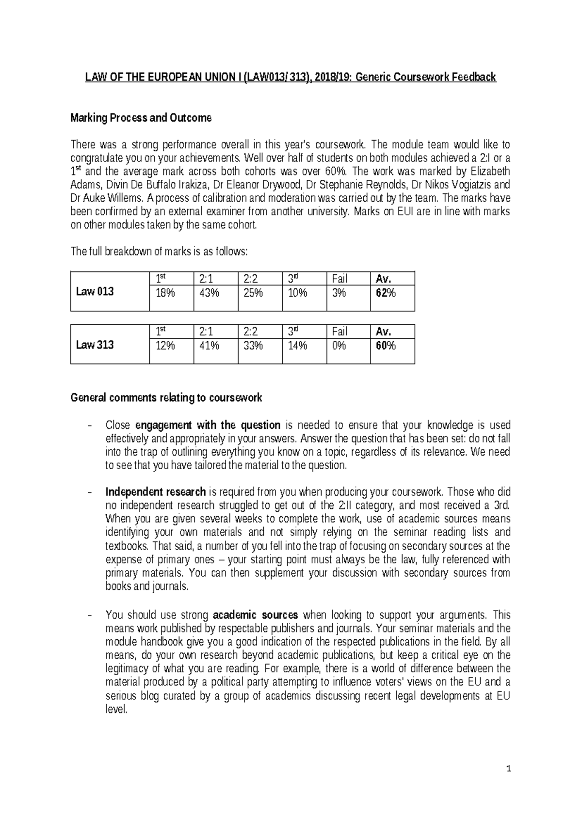 Coursework+Feedback+-+2018-19 - LAW OF THE EUROPEAN UNION I (LAW013 ...