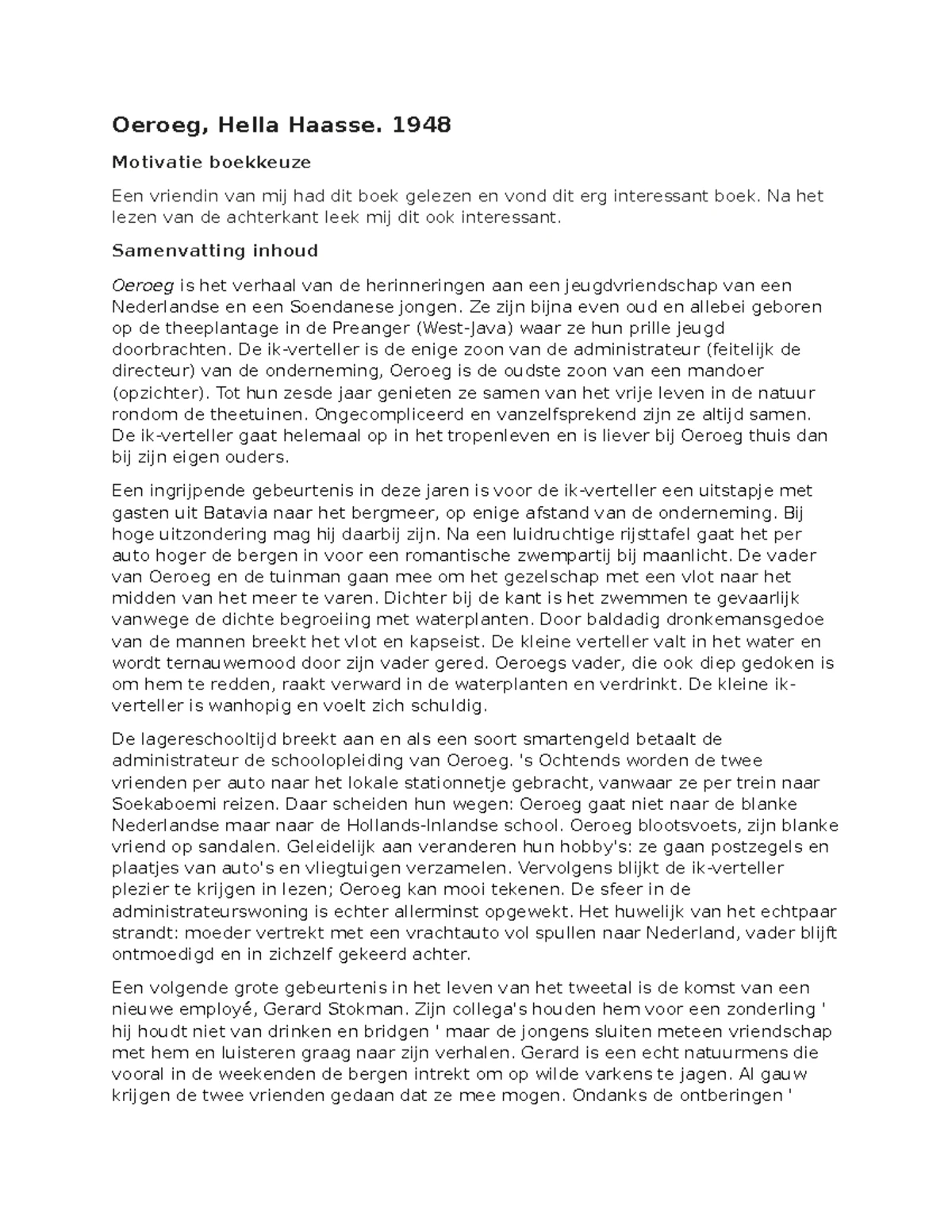 Boekverslag Oeroeg - Boekverslag: Oeroeg Hella S. Haasse, Oeroeg ...