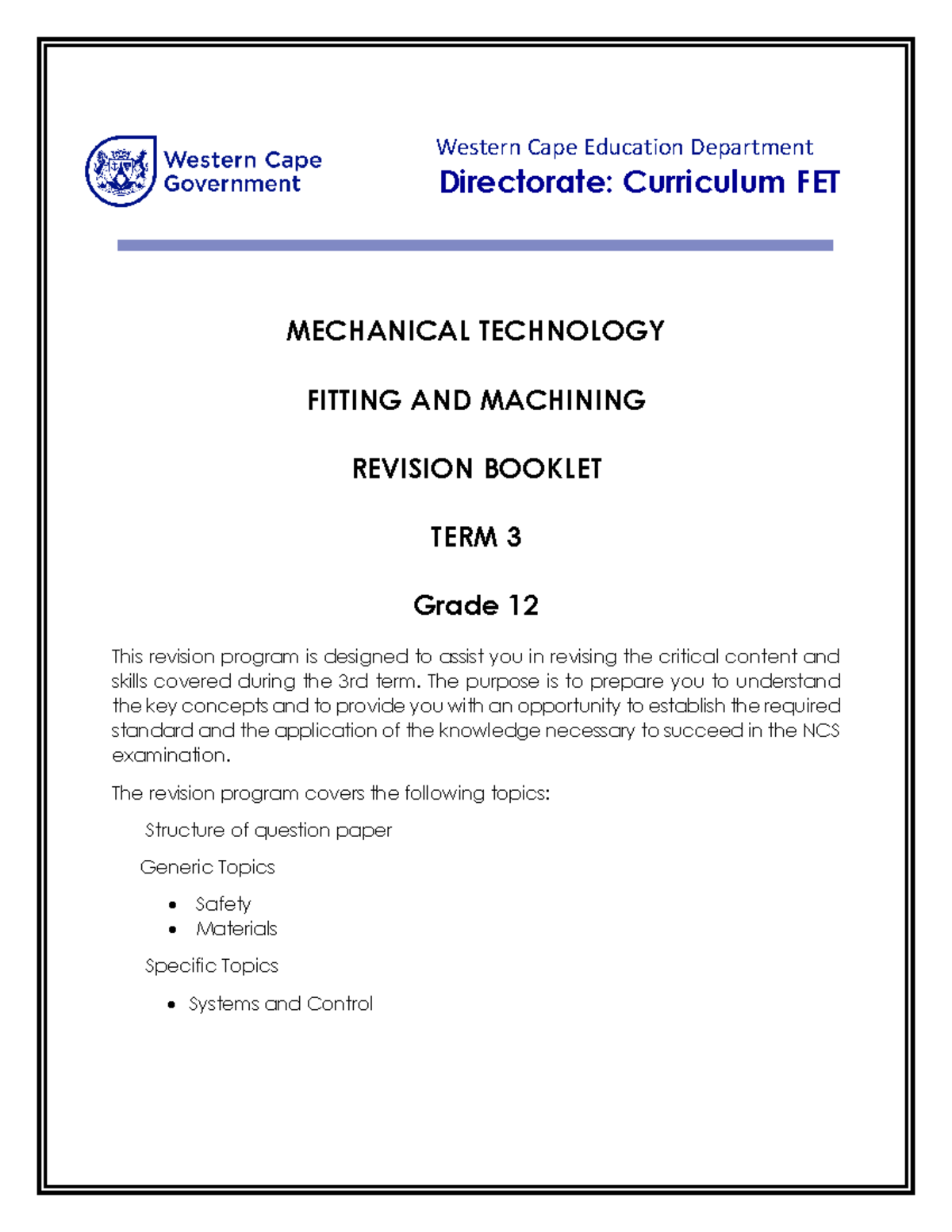 Mechanical Technology (Fitting & Machining) Revision Pack Term 3 ...