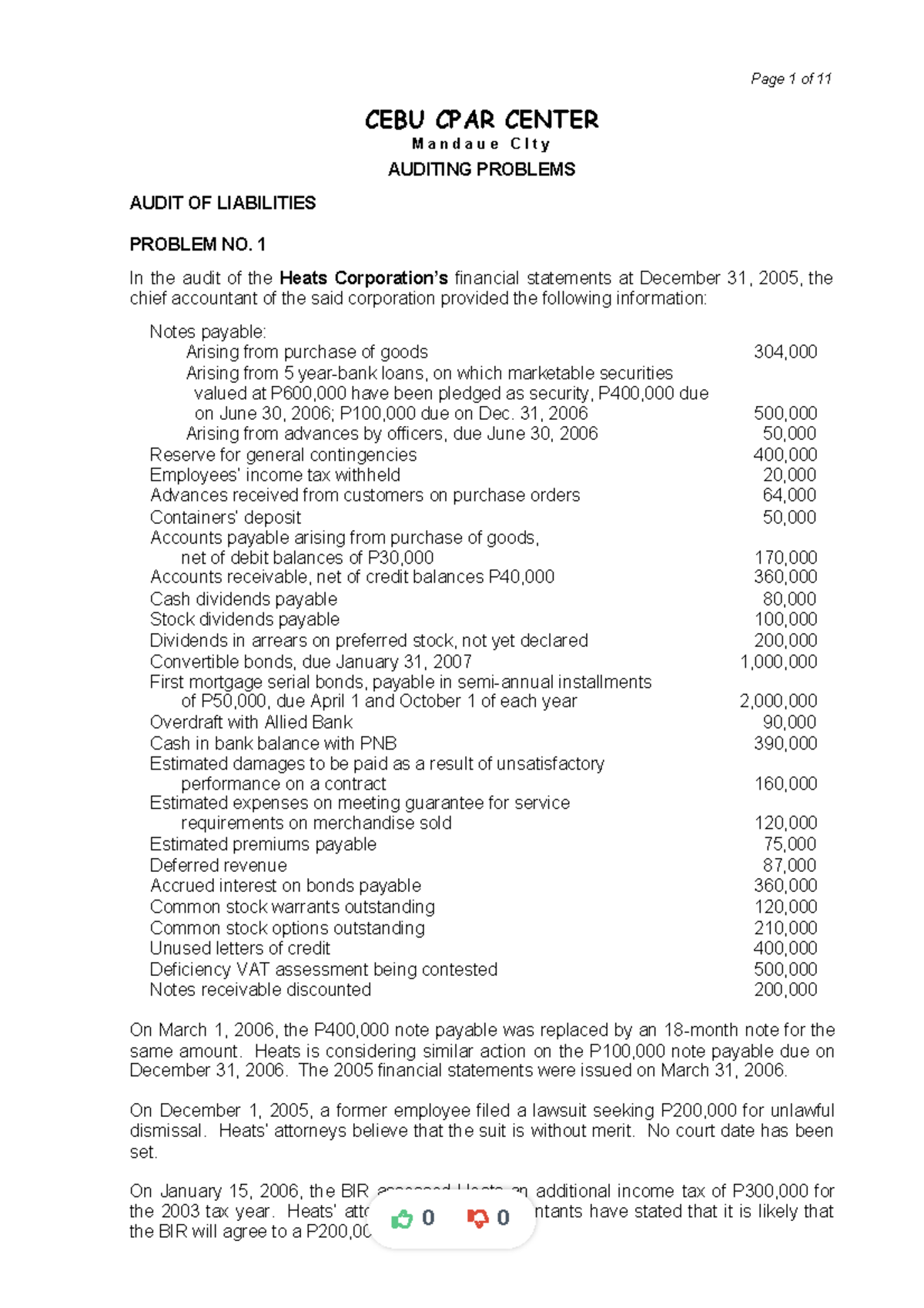 CEBU CPAR CENTER: Auditing Problems on Liabilities (AP-5902) - Studocu