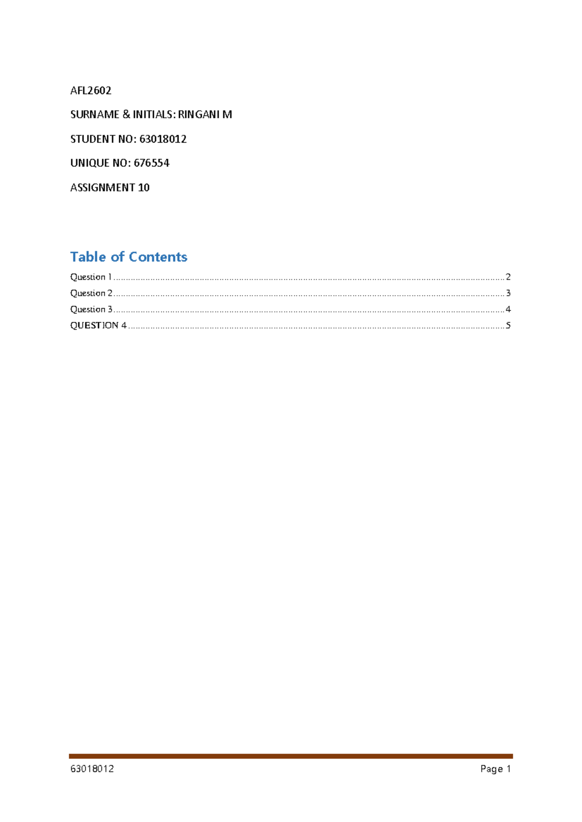 63018012 AFL2602 10 MARK081100 - SURNAME & INITIALS: RINGANI M AFL ...