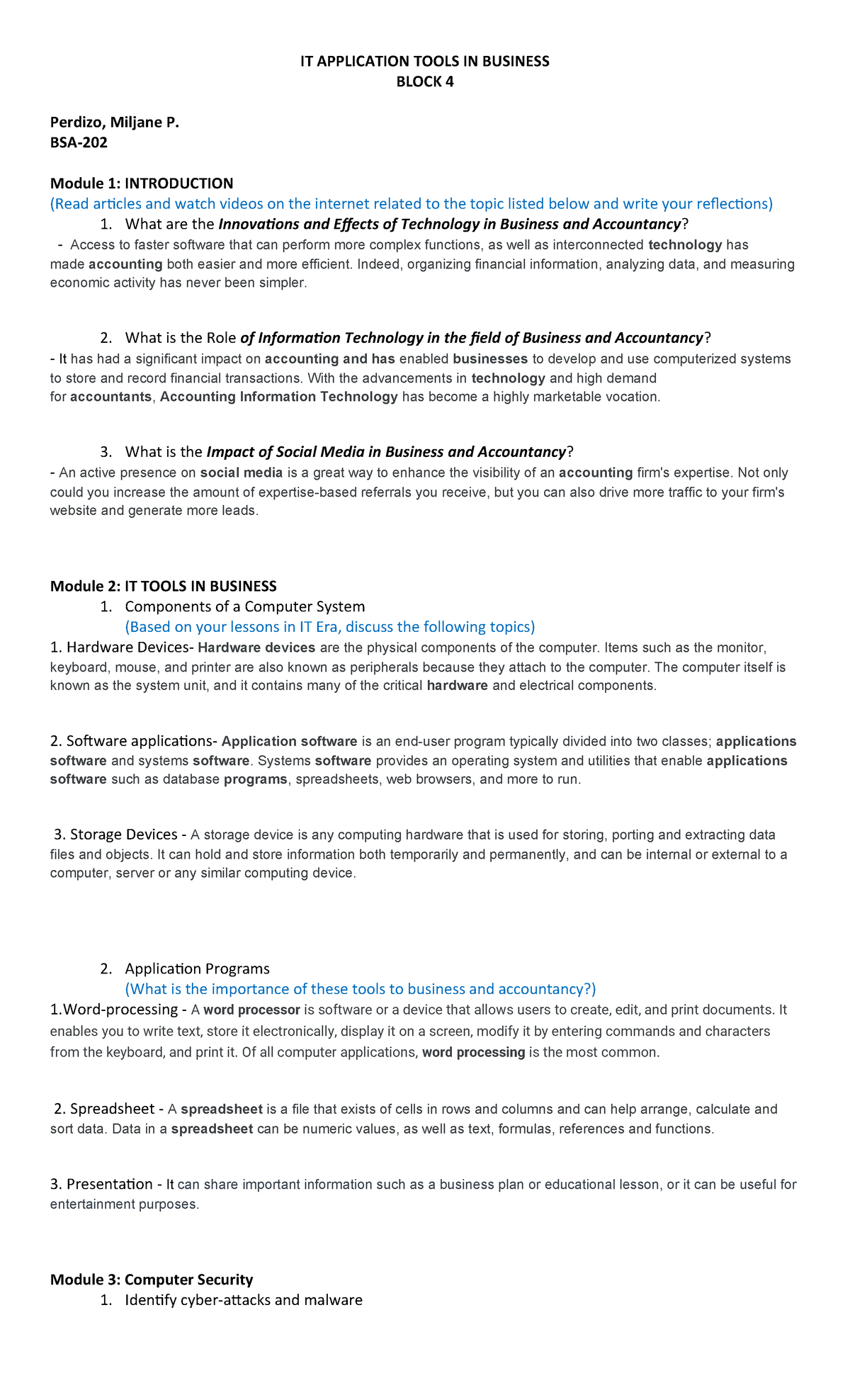 BSA - IT Application Tools in Business: Modules 1-3 Insights and Reflections - Studocu