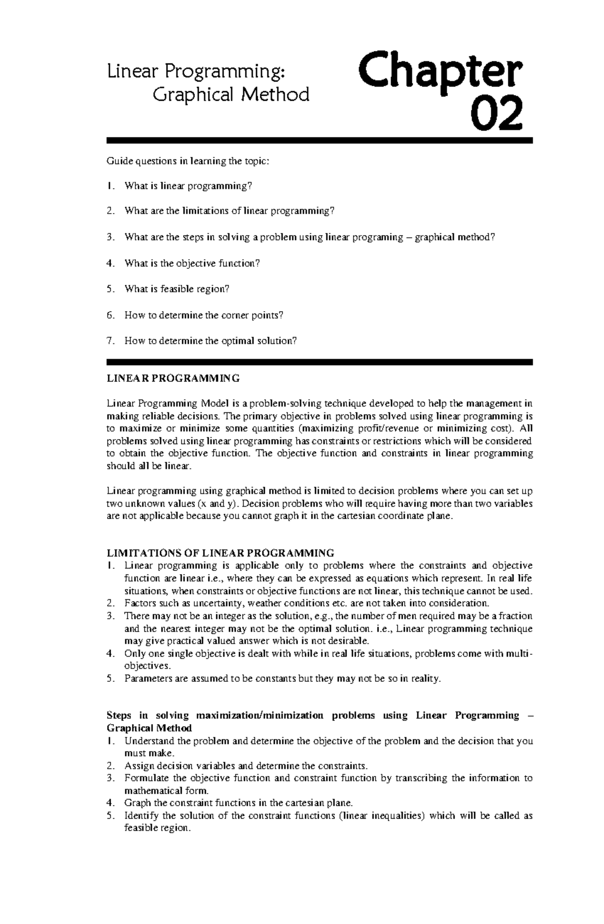 Ch02: Linear Programming - Graphical Method Overview and Key Concepts - Studocu