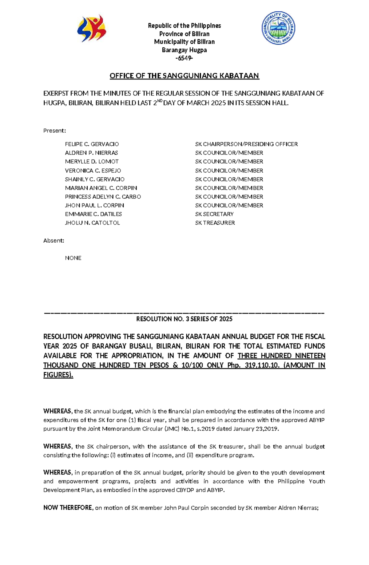 Resolution No. 3: SK Annual Budget Approval for FY 2025 - Studocu